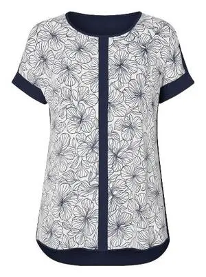 CONQUISTA Floral Panel Detail Short Sleeve Top - Blue