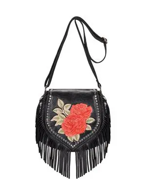 JODI LEE Akaroa Bag With Rose Embellishment And Fringe - Black