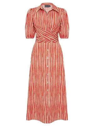 EXQUISE Striped Tie-waist Shirt Dress - Red