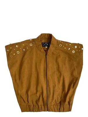 L2R THE LABEL Embellished Sleeveless Bomber Jacket - Brown