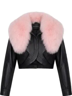 IRMAK SU GUCLU Cropped Leather Jacket With Fur Collar - Black/pink