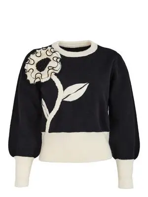 Saachi Ruffled Bloom Pullover Sweater - Black