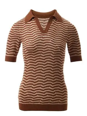 FULLY FASHIONING Maia Transfer Stitch Knit Polo Shirt - Brown
