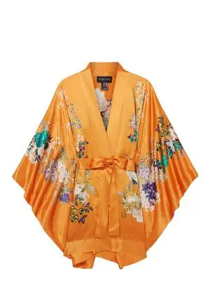 MENG Silk Satin Short Kimono With Floral Print - Orange