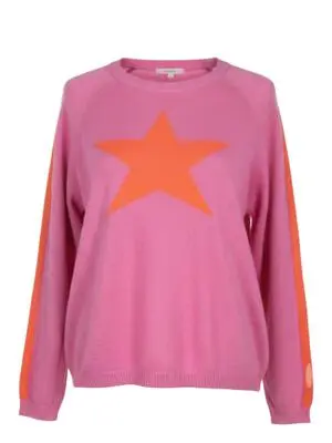 AT LAST... Cashmere Mix Sweater With Star And Striped Sleeves - Pink