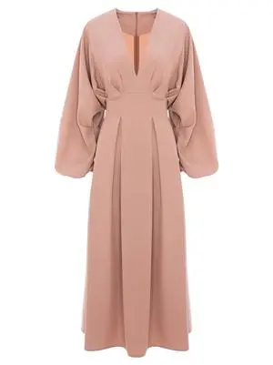 BLUZAT Midi Dress With Balloon Sleeves And V-neck - Beige