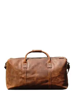 TOURI Genuine Leather Holdall Travel Bag - Brown