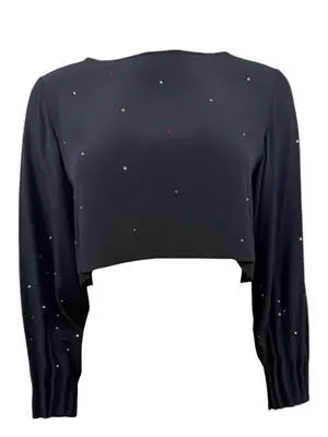 MONZLAPUR NEW YORK Cropped Silk Top With Pleated Cuffs And Crystals - Black