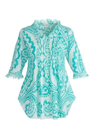 AT LAST... Sophie Ikat Print Cotton Shirt - Blue