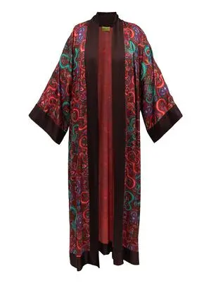 JANARA JONES Fantasy Print Satin Long Abaya Kaftan - Brown