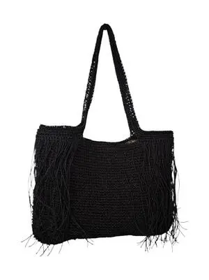 SPRINGMOONATELIER Handmade Raffia Tassel Tote Bag - Black