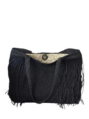 SPRINGMOONATELIER Handmade Raffia Tassel Tote Bag - Black