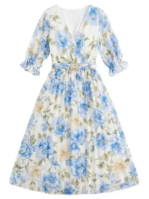 LATELIER LONDON Floral Pleated Midi Dress - Blue