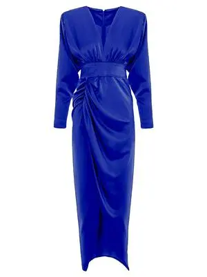 BLUZAT Satin Midi Dress With Draping - Blue