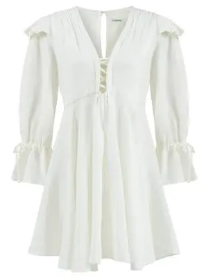 LILAMIE Sicily Linen Mini Dress With U-neckline And Long Sleeves - White