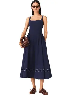 Maje Flared Midi Dress With Scalloped Embroidery - Navy