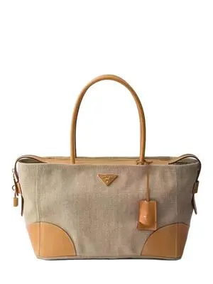 Prada Large Linen And Leather Tote Bag - Neutrals