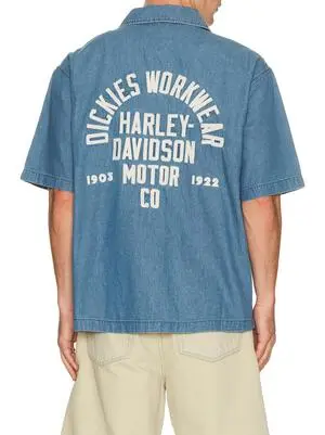 Dickies X Harley Davidson Short Sleeve Work Shirt In Blue - Blue Chambray