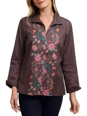 Foxcroft Agnes Floral Stripe Cotton Poplin Popover Top - Brown Multi