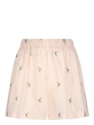 Lela Rose Embroidered Striped Cotton Shorts - Blush