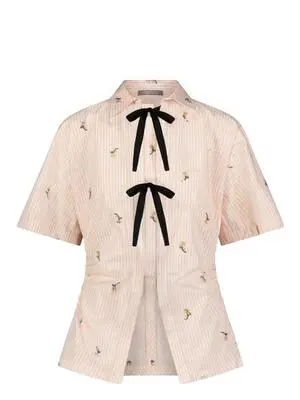 Lela Rose Embroidered Striped Cotton Shirt With Bow Detail - Blush