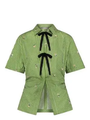Lela Rose Embroidered Striped Cotton Shirt With Bow Detail - Cactus