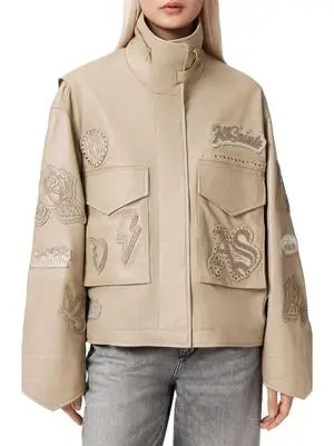 ALLSAINTS Logo Patch Leather Jacket - Taupe Brown
