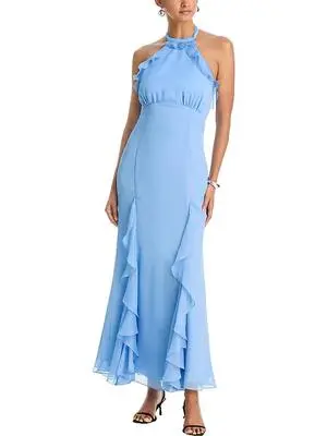 Aqua Ruffle Neck Maxi Dress - Blue