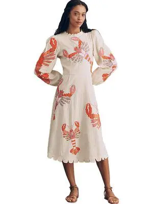 STELLA NOVA Cotton Crew-neck Lobster Midi Dress - Ivory Pattern