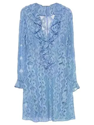 Roberto Cavalli 1990s Lace Mini Dress With Ruffle Trim - Blue