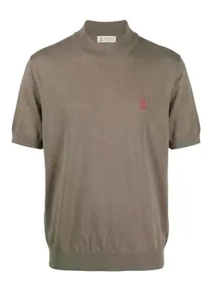 Brunello Cucinelli Embroidered-logo Short-sleeve Mock-neck Cotton T-shirt - Neutrals