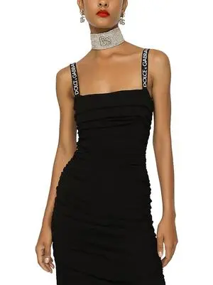 Dolce & Gabbana Ruched Mini Dress With Logo Straps - Black