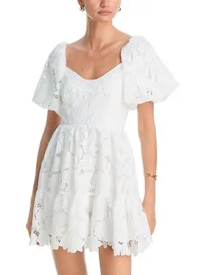 Aqua Embroidered Eyelet Puff Sleeve Mini Dress - White