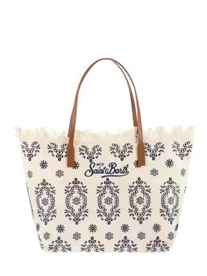 MC2 SAINT BARTH Embroidered Frayed-edge Tote Bag - Neutrals