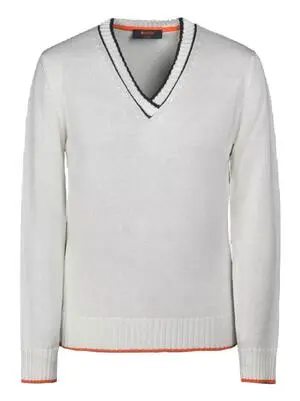 MOORER Striped V-neck Jumper - White