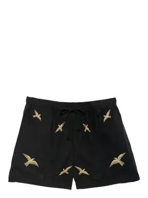 BAZISZT Bird-embroidered Drawstring Shorts - Black