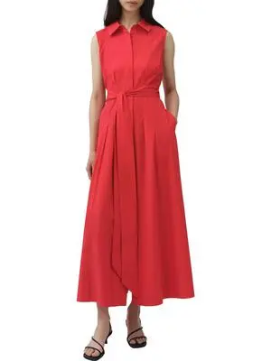 Simkhai Genny Poplin Belted Sleeveless Shirt Dress - Red