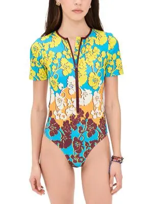 ALEMAIS Short Sleeve Zip Front One-piece With Floral Print - Multi