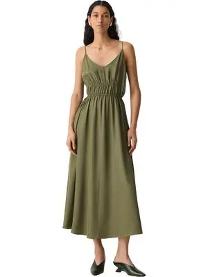 Theory Gathered V-neck Dress In Washed Twill - Forest Moss