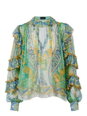 Etro Floral Ruffled Silk Blouse - Green