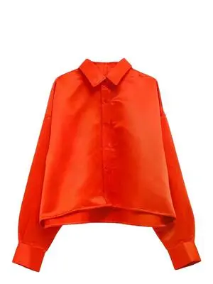 THE FRANKIE SHOP Arlen Satin-Finish Cropped Shirt Orange