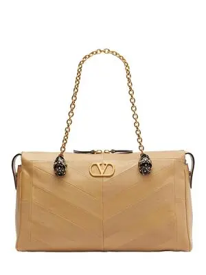 Valentino Garavani Panthea VLOGO Leather Shoulder Bag Beige