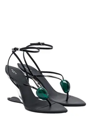 Alaïa Invisible Leather Wedge Thong Sandals - Black