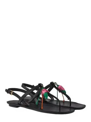 Prada Antiqued Leather Thong Sandals With Floral Ornament - Black