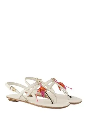 Prada Antiqued Leather Thong Sandals With Floral Ornament - Neutral