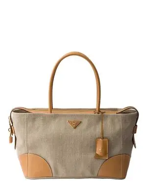 Prada Large Linen And Leather Tote Bag - Neutral