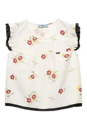 Prada Linen Top With Floral Motif - Red