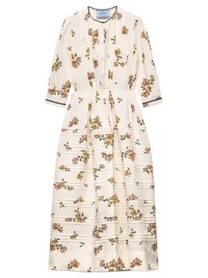 Prada Long Printed Linen Dress - Brown