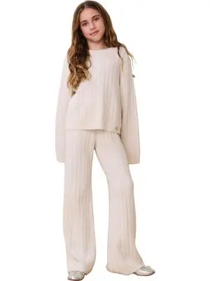 LoveShackFancy Cable Knit Wide Leg Pants With Bow Charm Detail - Ivory