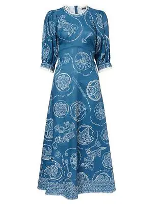 ALEMAIS Graphic Pattern Linen Midi Dress - Blue